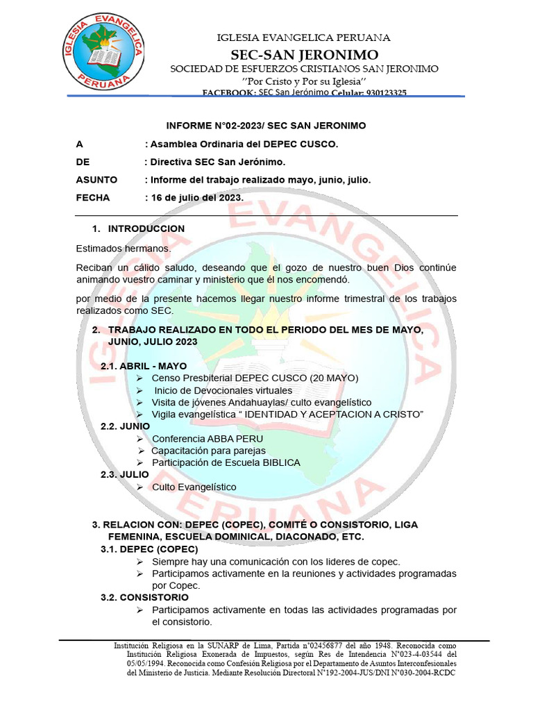 Informe SEC San Jeronimo Abril, Mayo, Junio, Julio | PDF
