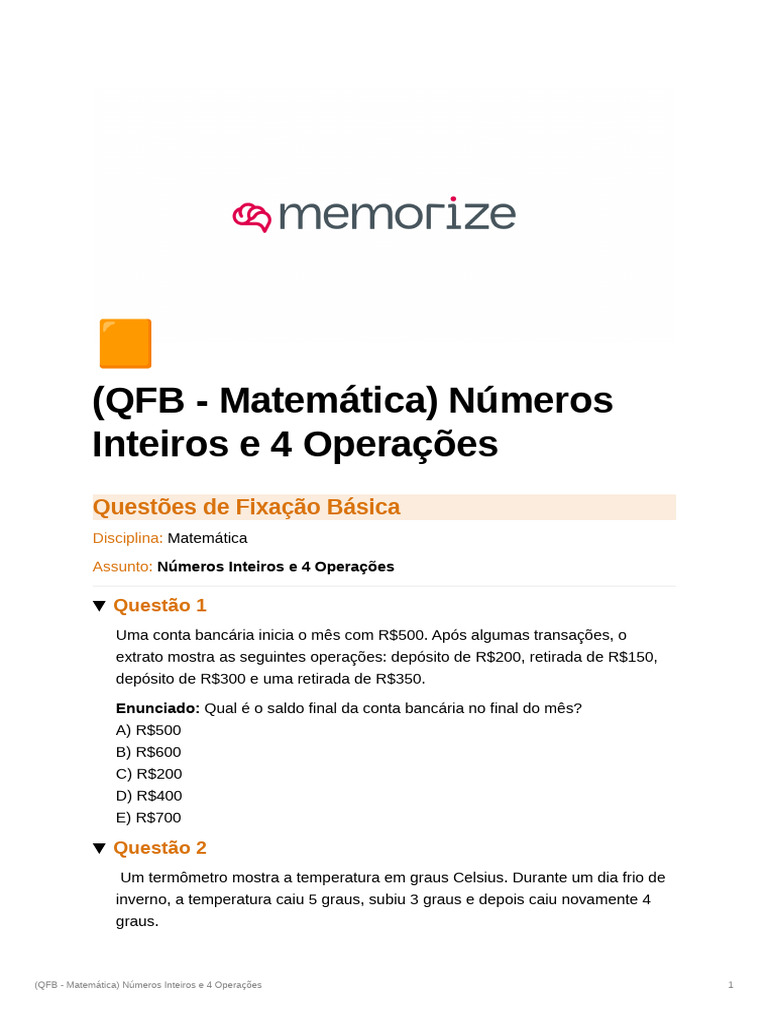 (QBF Matemática) - Números Inteiros e 4 Operações | PDF | Temperatura