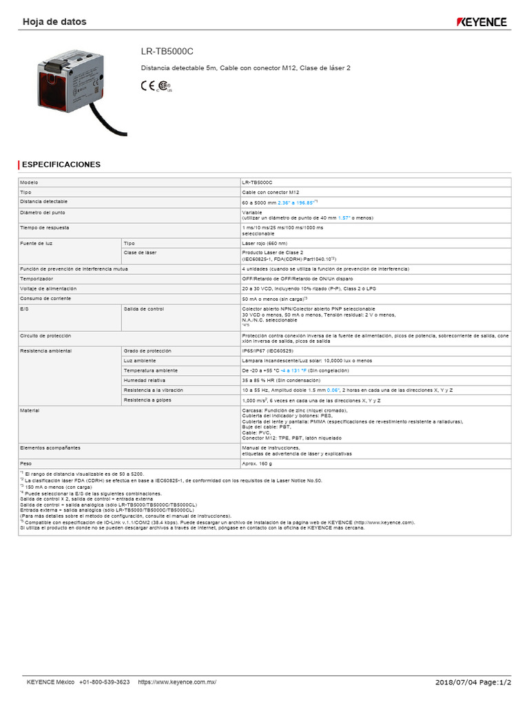 Sensor Láser LR-TB5000C Especificaciones | PDF | Conector eléctrico ...