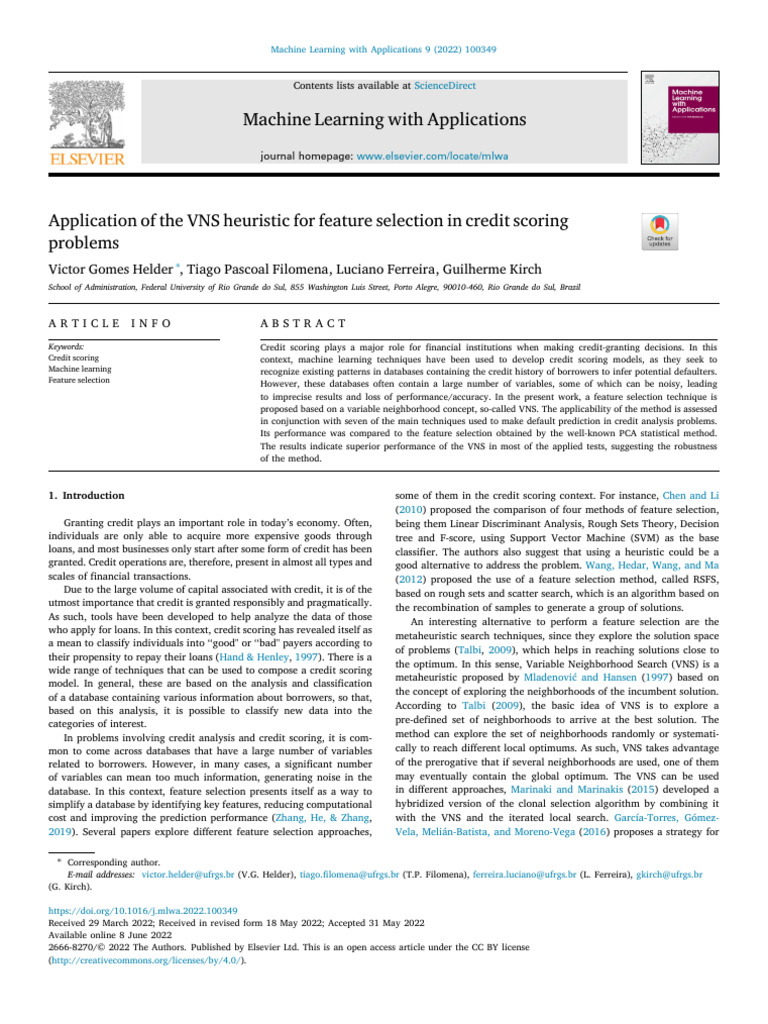 Application of The VNS Heuristic For Feature Selec - 2022 - Machine Learning Wit | PDF