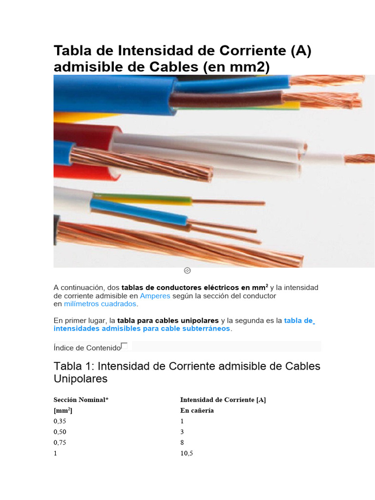 Tabla de Intensidad de Corriente Vs Cables | PDF | Física | Electricidad