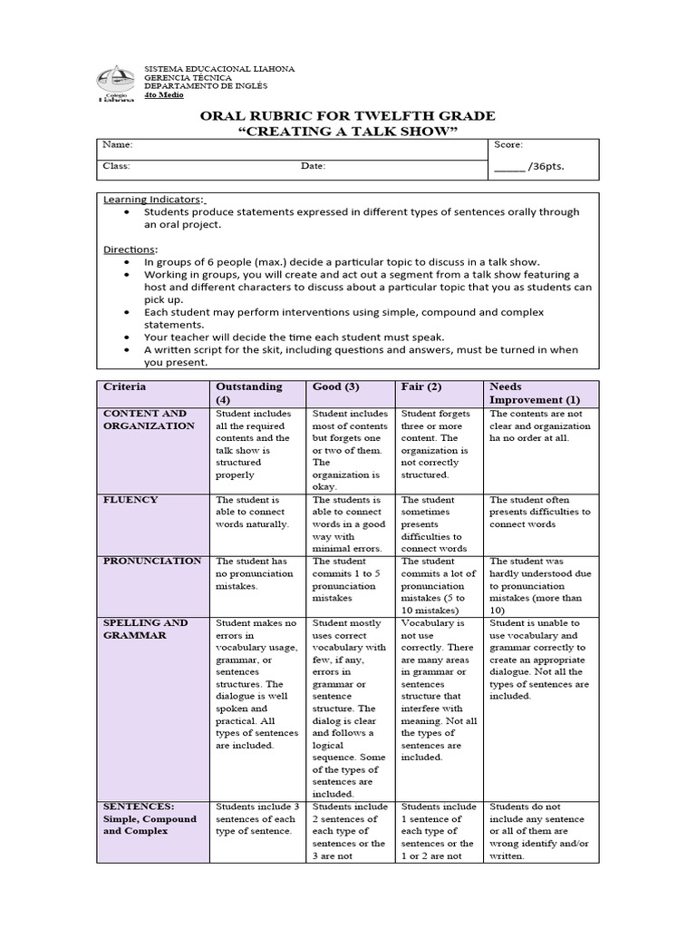 Rubric - Talk Show - 12th Grade | PDF | Grammar | Cognitive Science