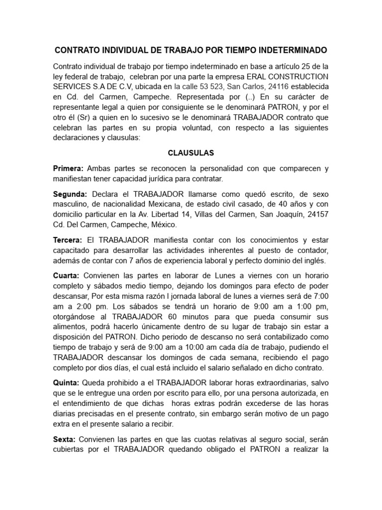 Contrato Individual de Trabajo Por Tiempo Indeterminado | Descargar gratis PDF | México | Salario