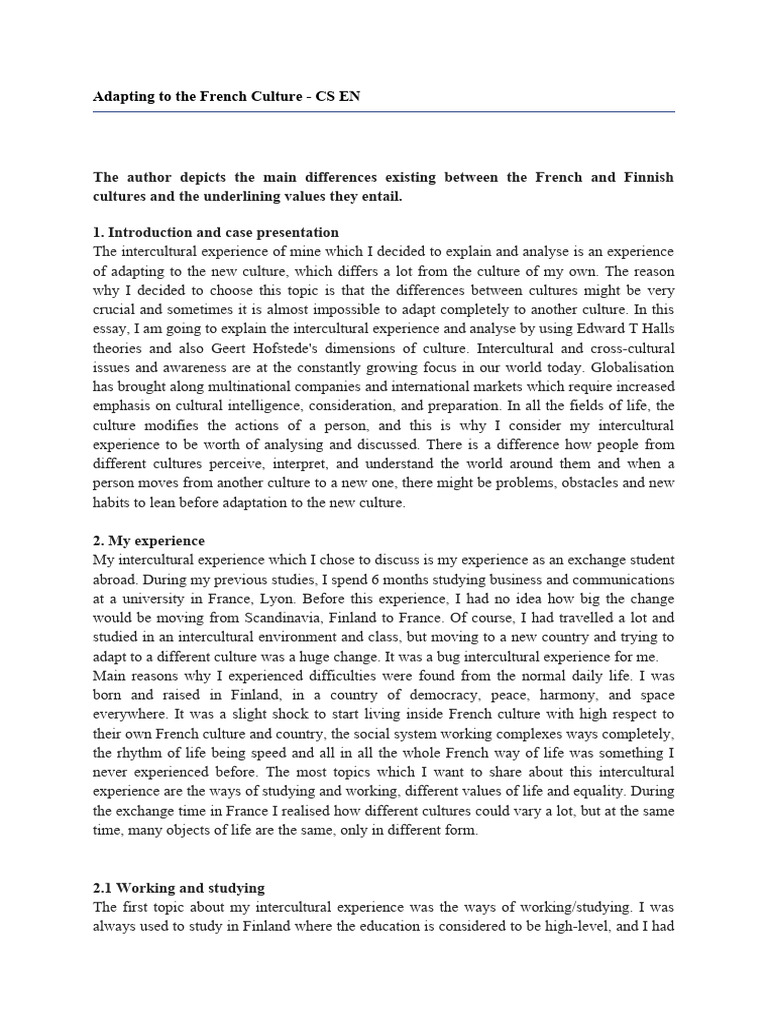 Adapting to French Culture: A Finnish Perspective | PDF | Cross ...