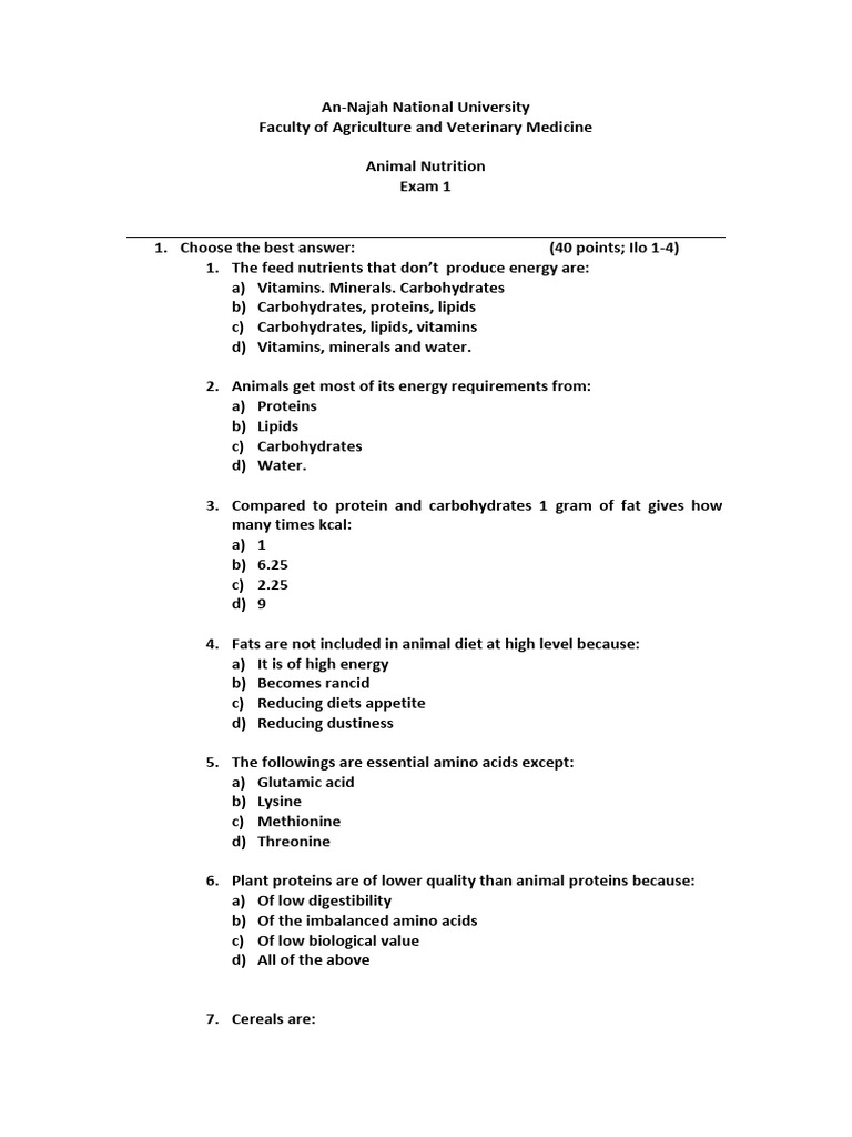 Animal Nutrition Exam Questions | PDF