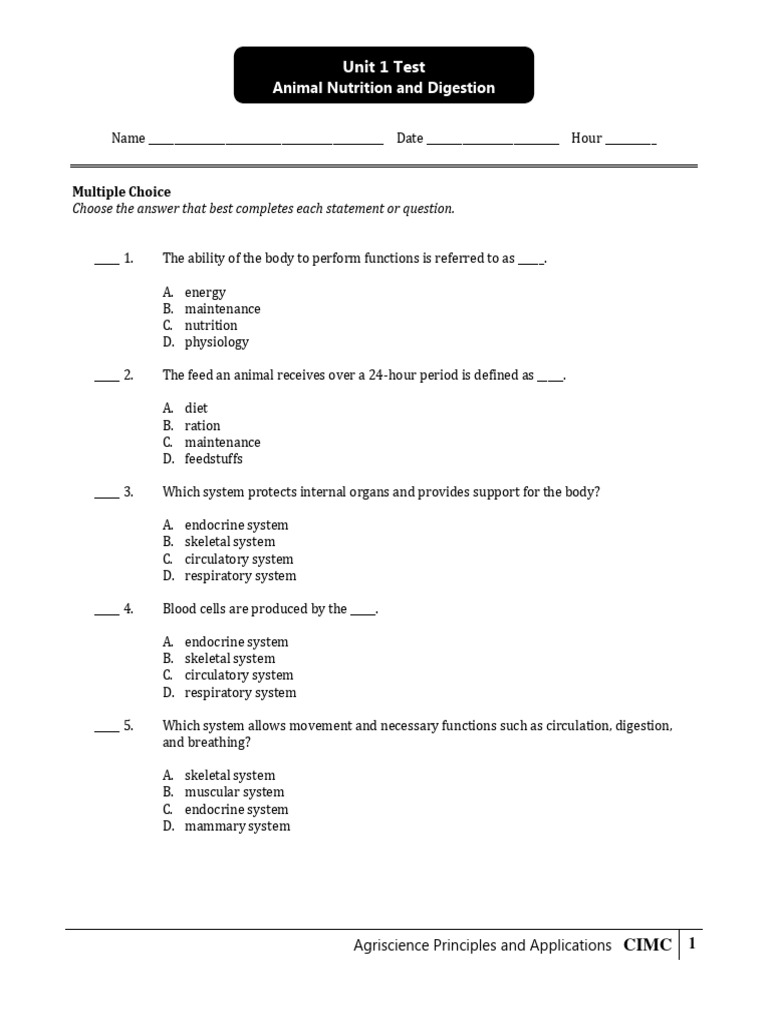 Ag II Agriscience Principles Tests Unit 1 Animal Nutrition and ...