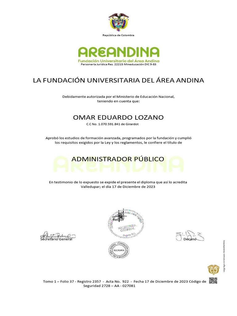 La Fundación Universitaria Del Área Andina: República de Colombia | PDF
