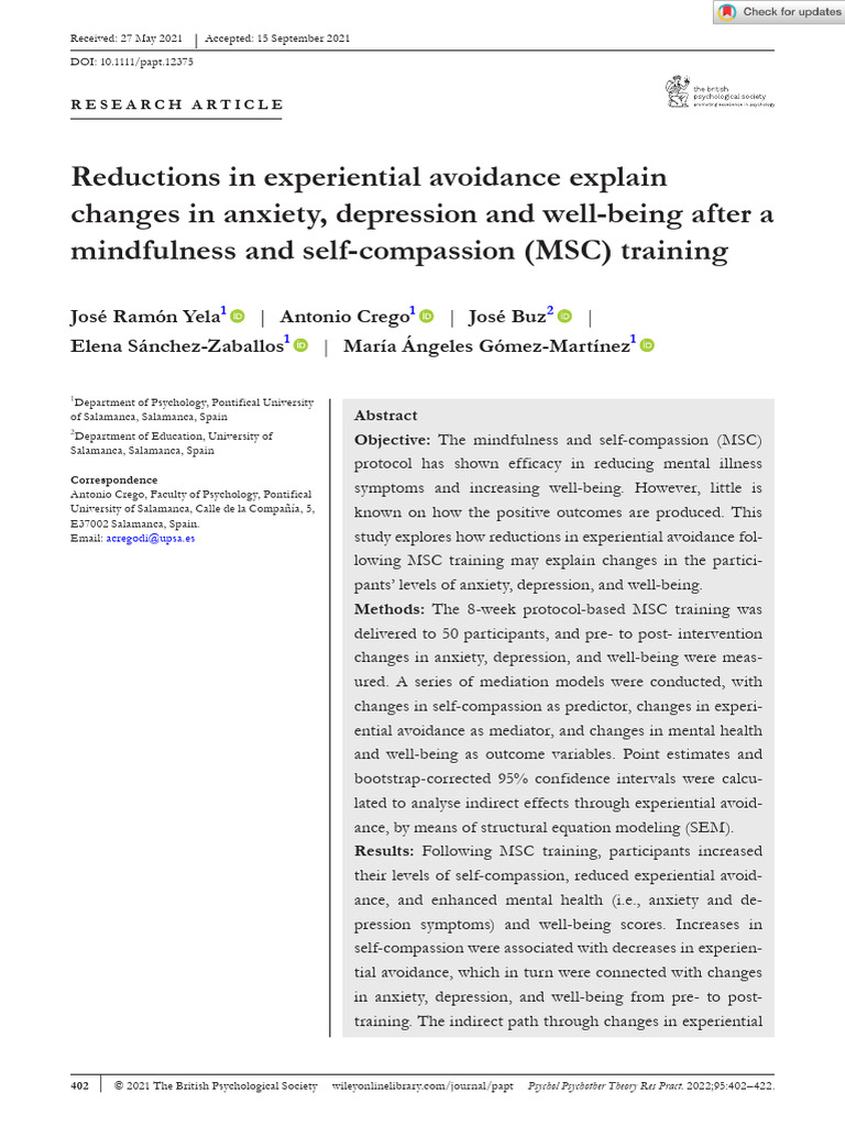 Psychol Psychother - 2021 - Yela - Reductions in Experiential Avoidance ...