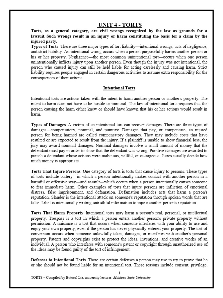 Torts - Students - Unit - LAW - TYPES-OF-LAW 2 | PDF | Negligence | Tort