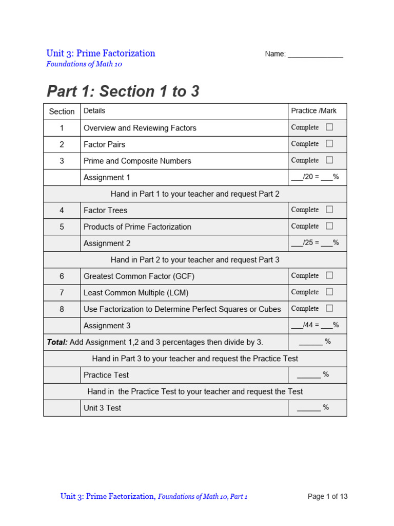FoM 10, Unit 3, Part 1 - Overview, Factor Pairs and Prime and Composite Numbers | PDF | Prime ...