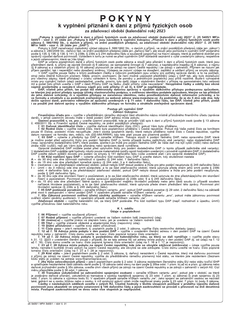 Pokyny: K Vyplnění Přiznání K Dani Z Příjmů Fyzických Osob | PDF