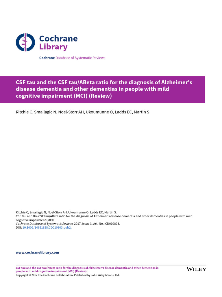 CSF Tau and The CSF Tau ABeta Ratio For The Diagnosis of Alzheimersdisease Dementia and Other ...