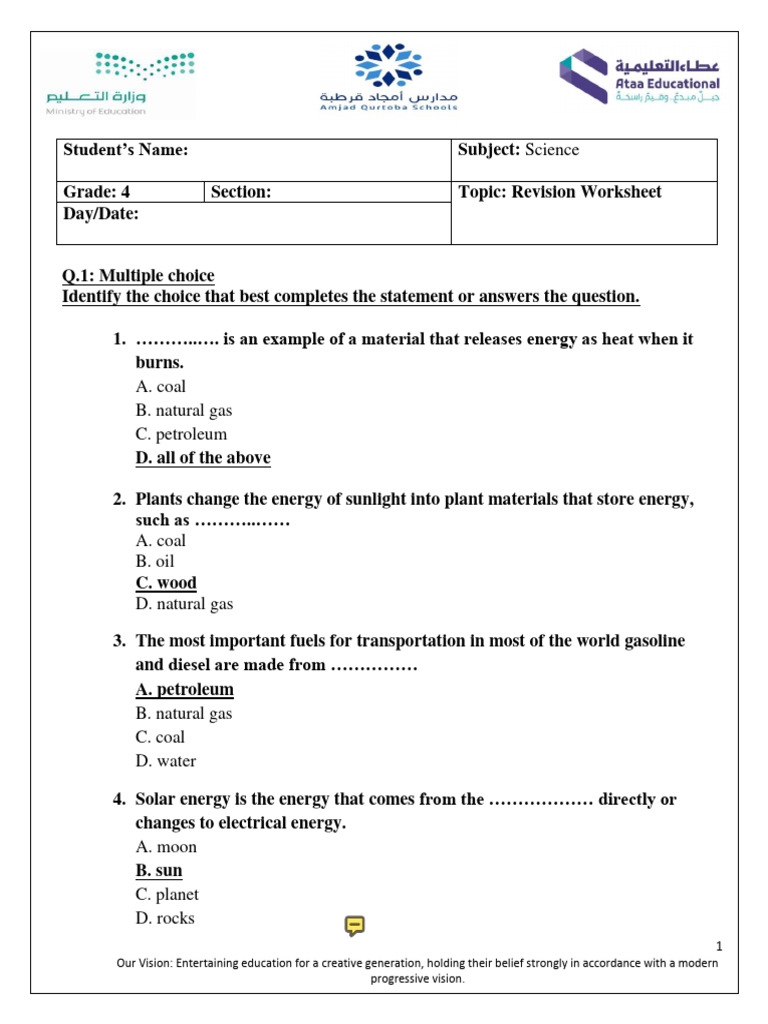 Grade 4 Science Revision Worksheet | PDF | Science & Mathematics