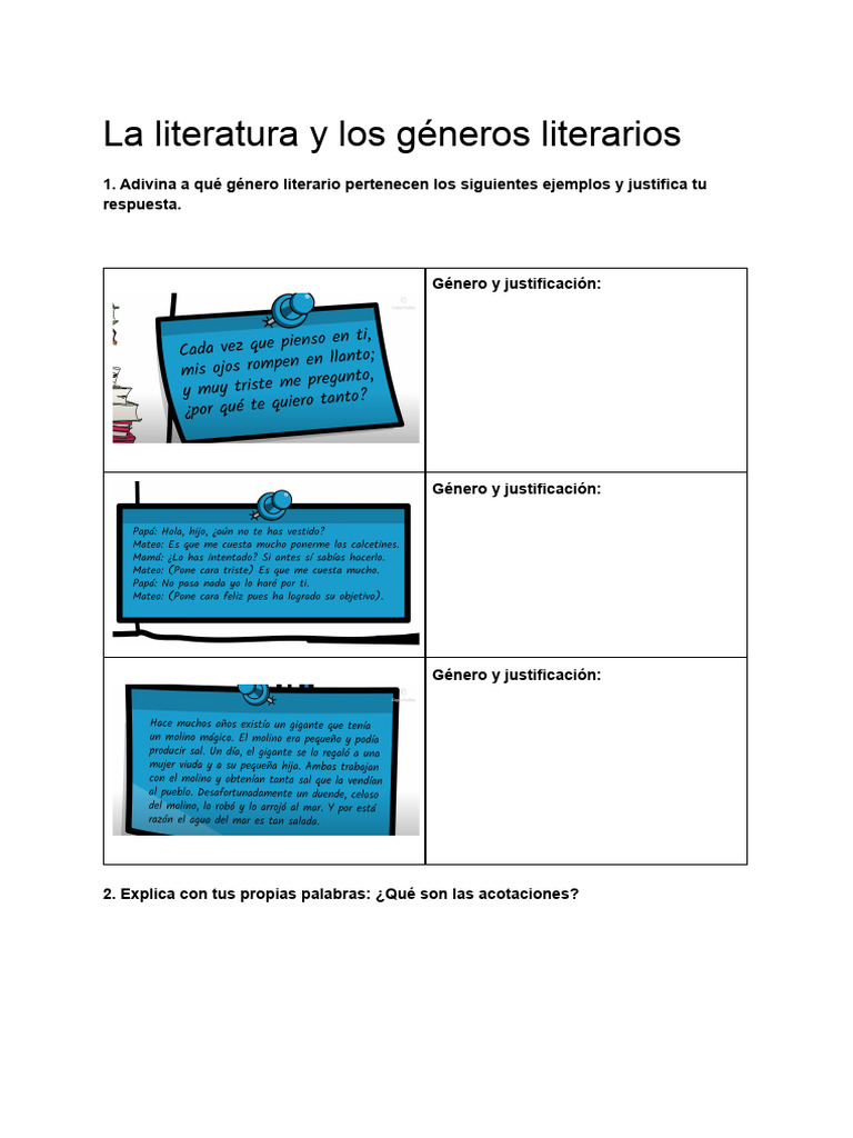 Actividades. La Literatura y Los Géneros Literarios | PDF