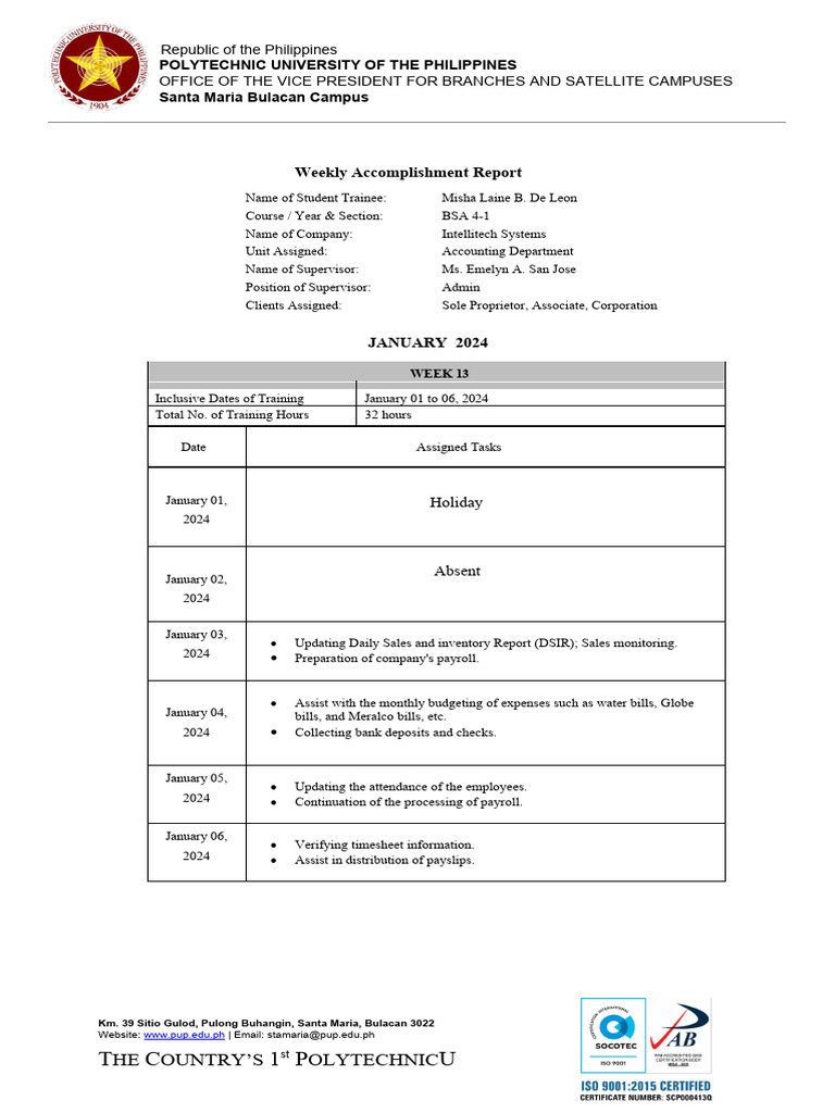 Weekly Accomplishment Report - January | PDF | Business | Financial ...