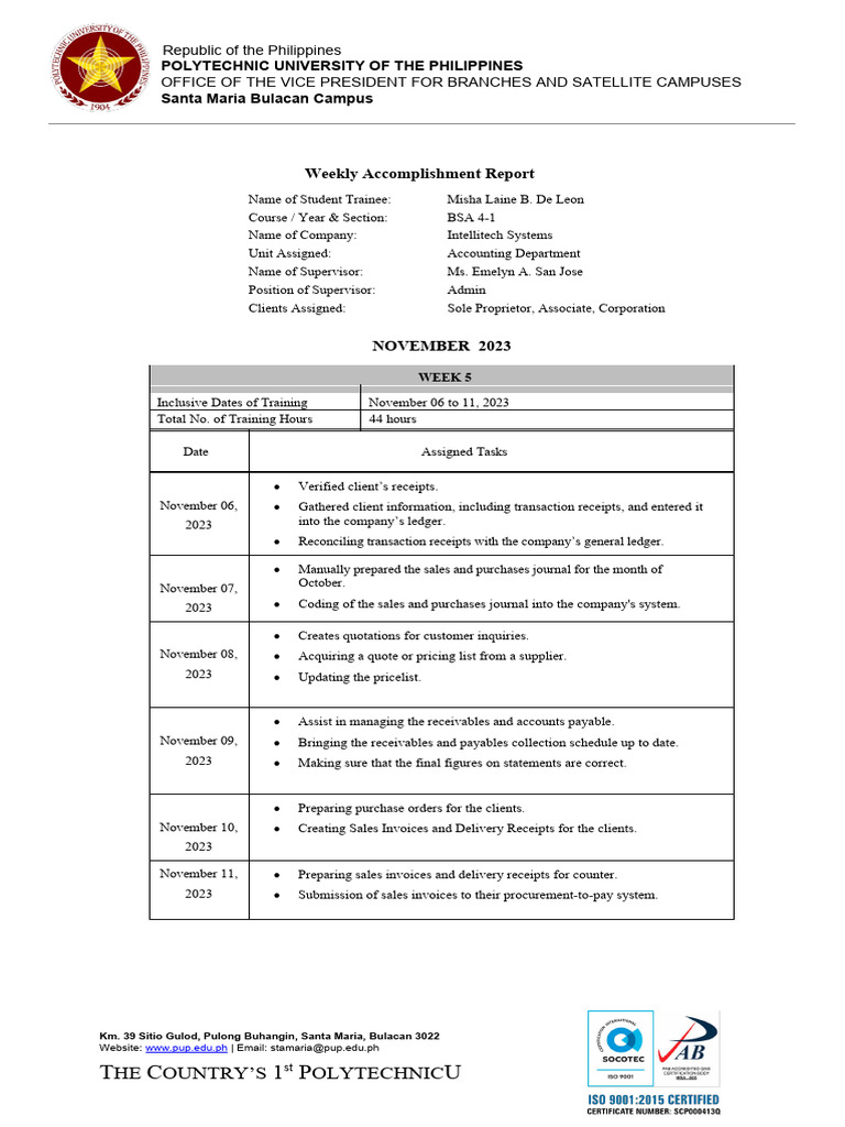 Weekly Accomplishment Report - November | PDF