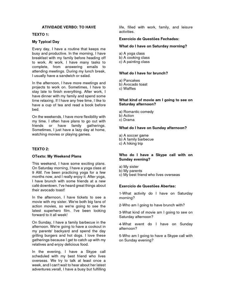Atividade Verbo To Have | PDF
