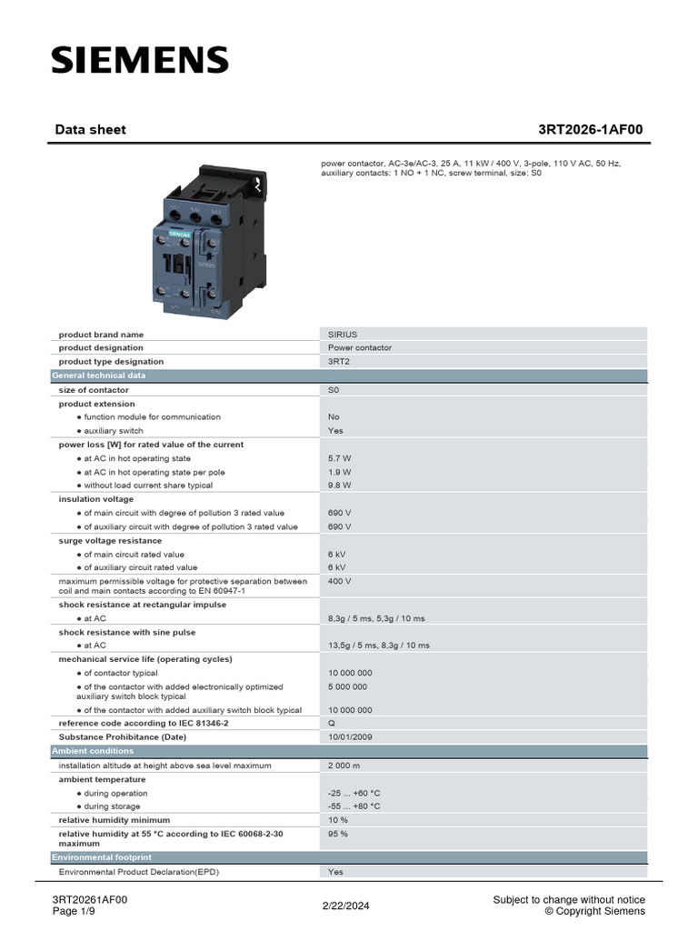 3RT20261AF00 Datasheet en | PDF | Alternating Current | Inductor