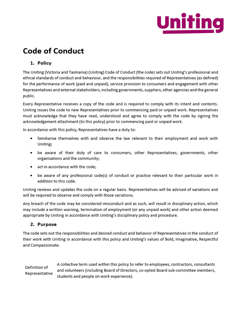 Uniting Code of Conduct Overview | PDF | Occupational Safety And Health ...