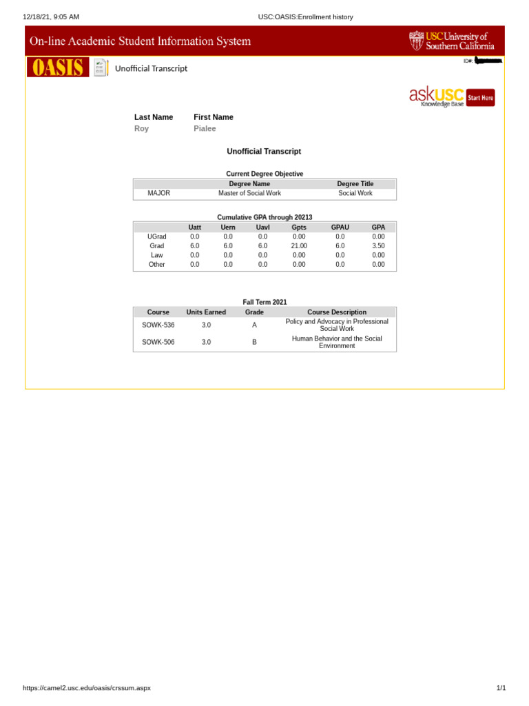 USC OASIS Enrollment History | PDF