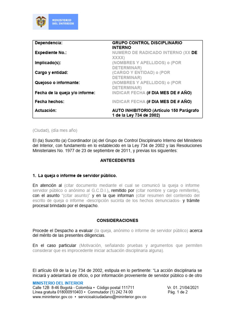 Anexo 4. Auto Inhibitorio VR 01 21 04 2021 | PDF | Justicia | Crimen y ...