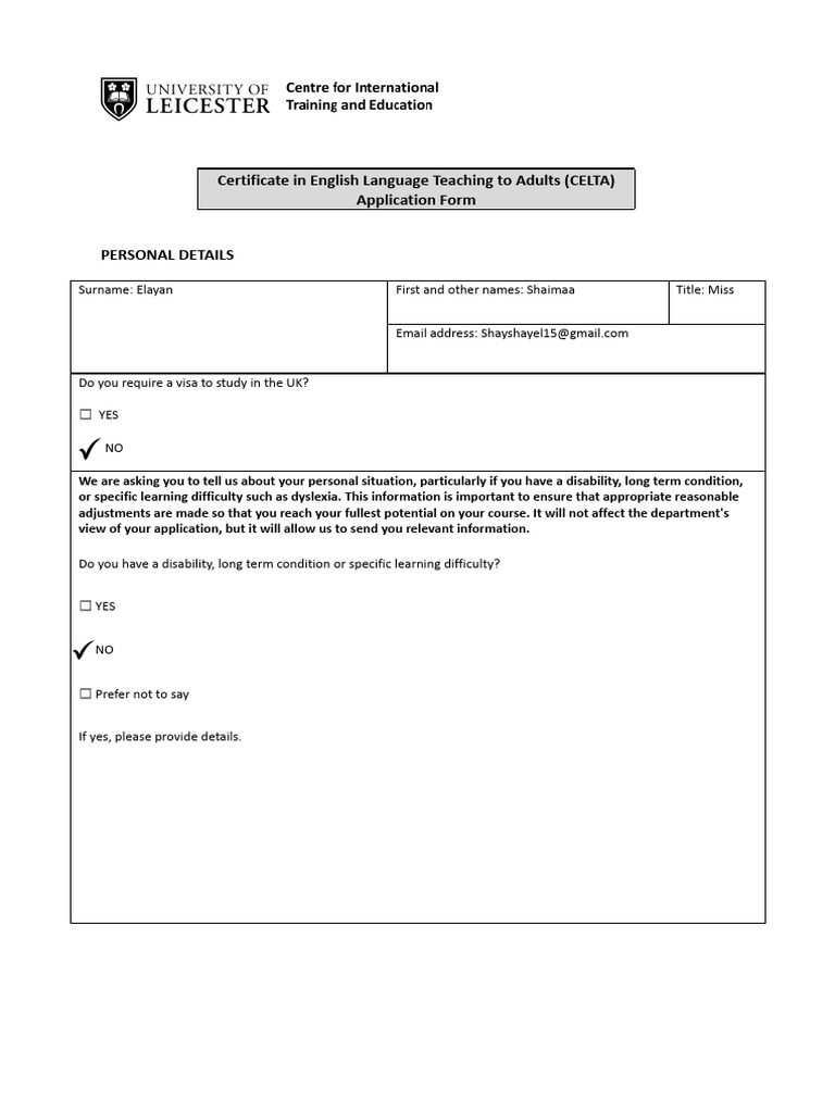 Celta Trainee Application Form 2022 23 Pdf Verb English Language