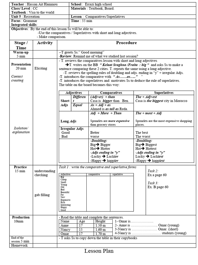 VISA U5 Lesson Plan Grammar Comparatives Superlatives CC | PDF | Human Communication | Grammar