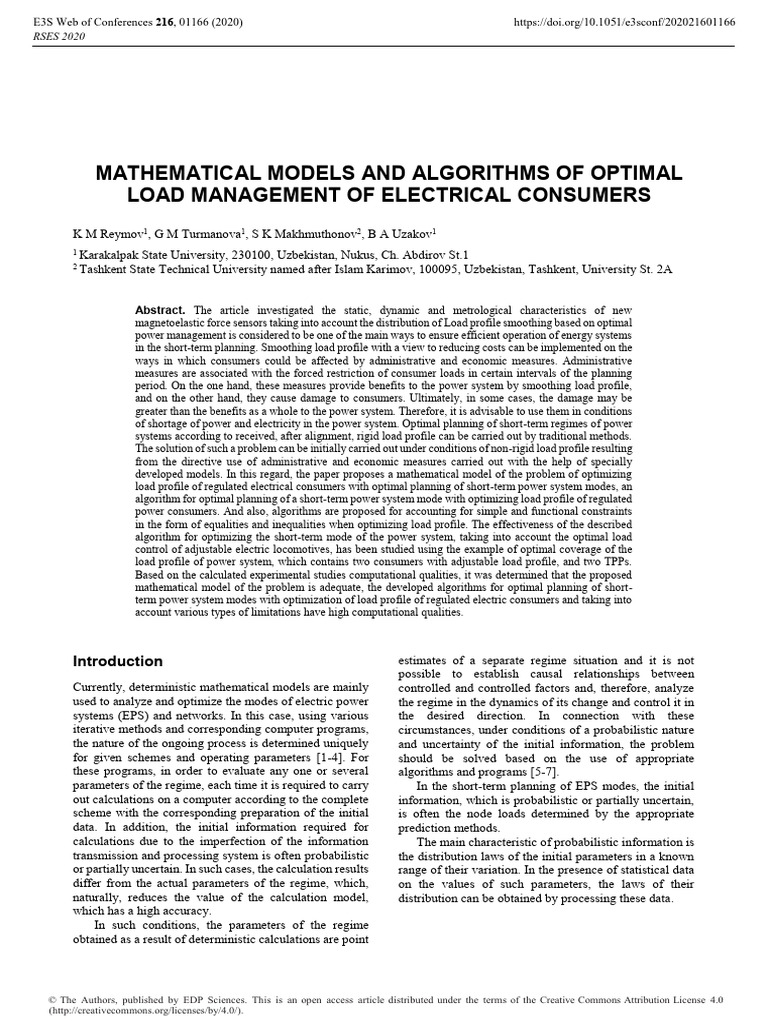 Mathematical Models and Algorithms of Optimal Load | PDF | Mathematical Optimization | Loss Function