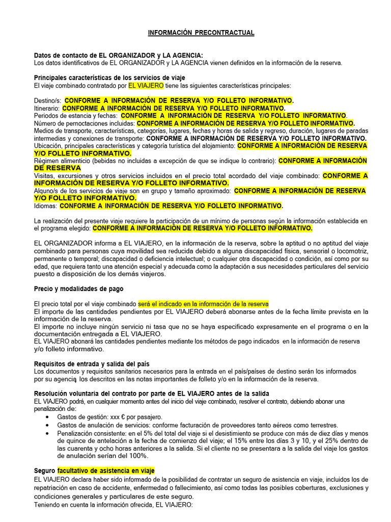 Plantilla Elaboracion InformaciÃ N Precontractual Agencia de Viajes | PDF