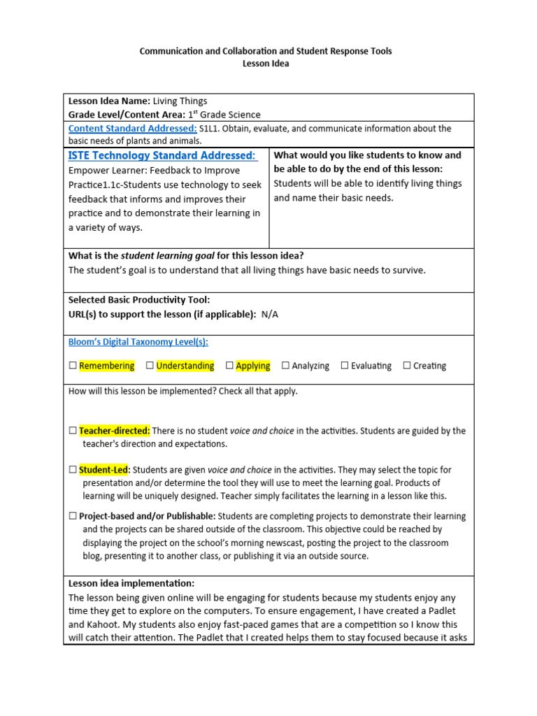 Living Things Lesson Plan | Download Free PDF | Learning | Project ...