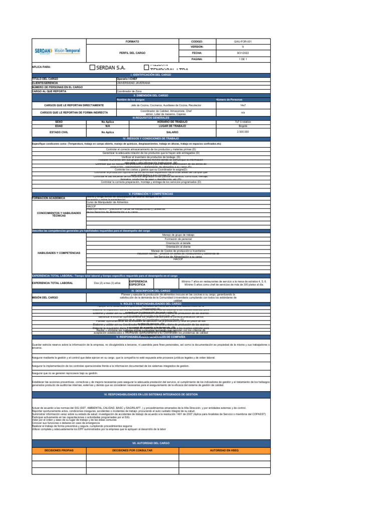 Perfil del Cargo: Operario I-CHEF | PDF | Calidad (comercial ...