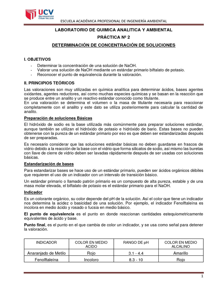 PRÁCTICA Nº2 Determinación de Concentración de Soluciones A1 | PDF | Valoración | Química