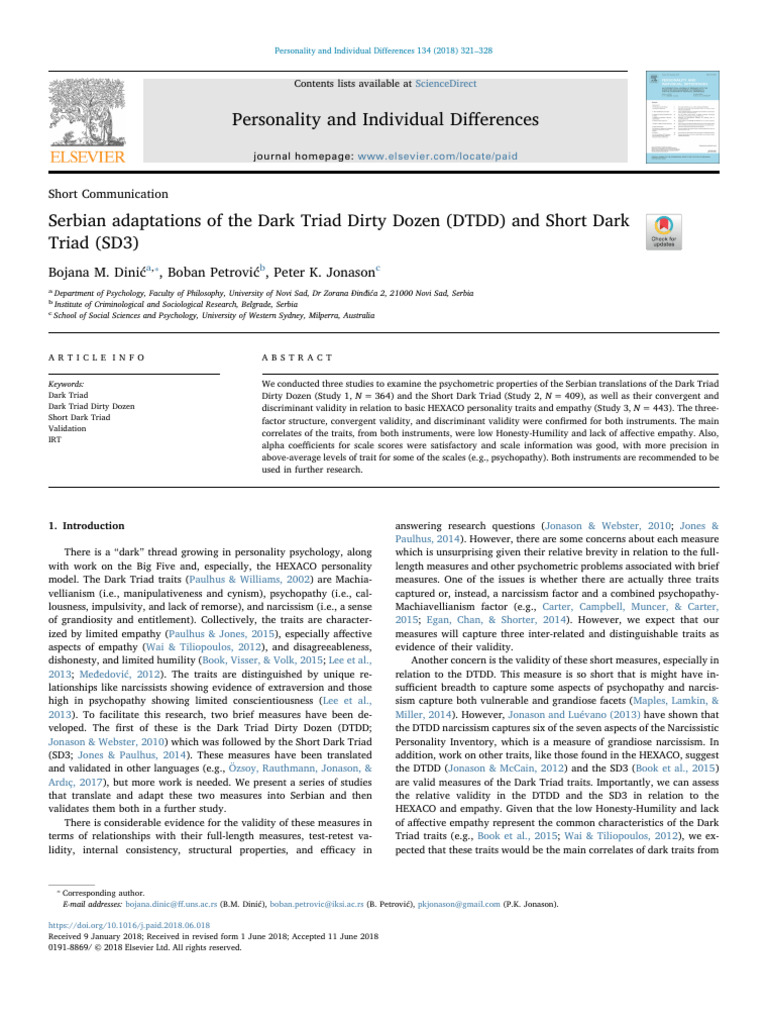 Serbian Adaptations of The Dark Triad Dirty Dozen (DTDD) and Short Dark | PDF | Dark Triad ...