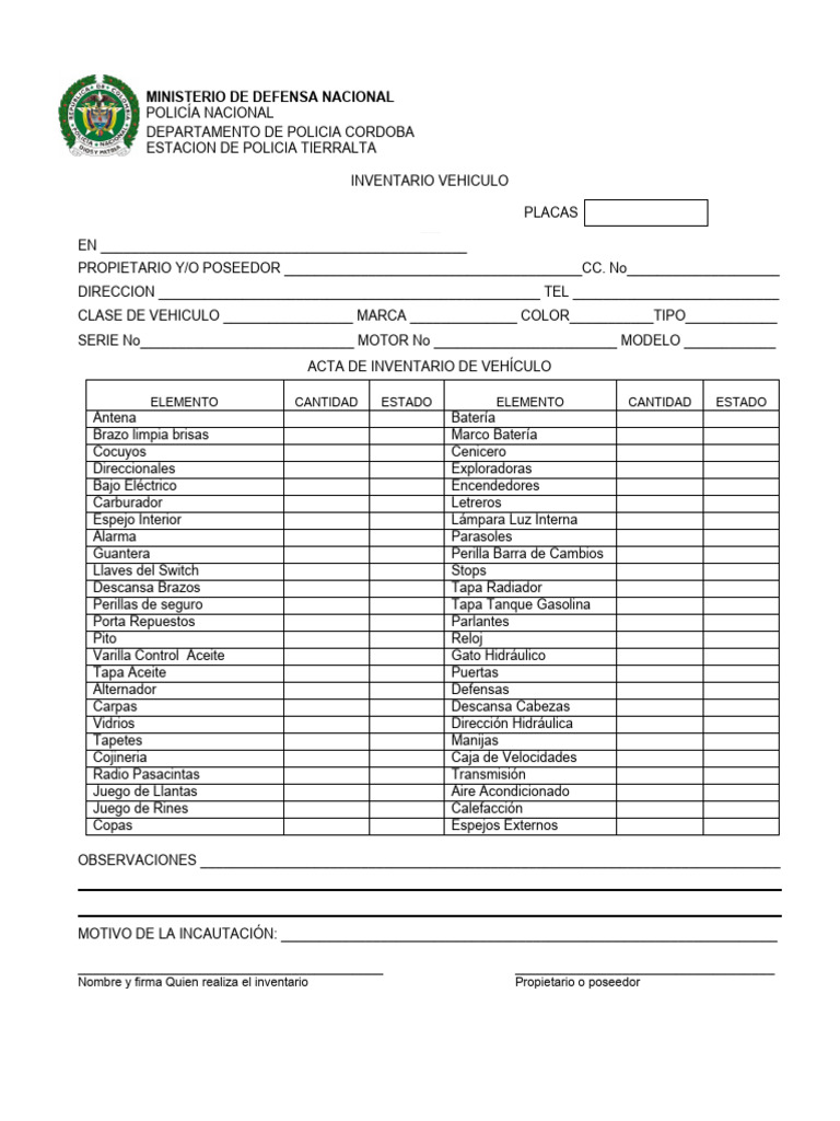 Formato De Inventario De Vehiculo Word