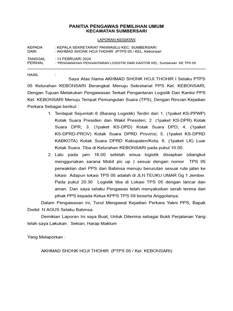 Format Laporan Perjadin PTPS (05) ) | PDF