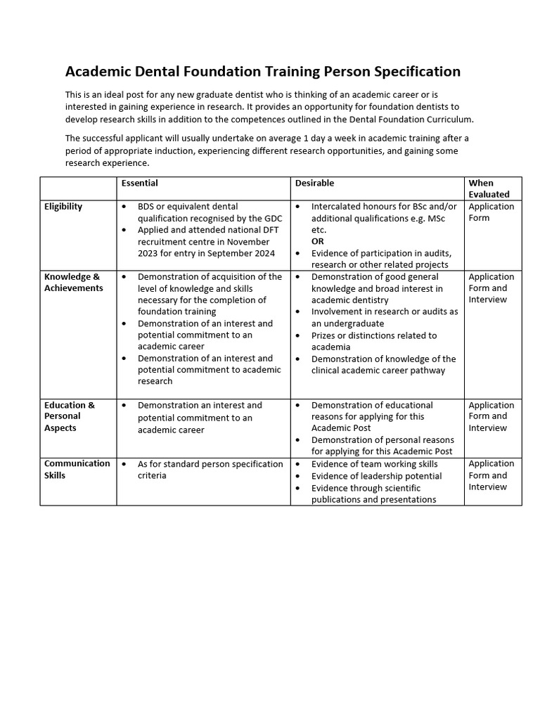 Academic DFT Person Spec UPDATED 2024 | PDF | Dentistry | Dental Degree