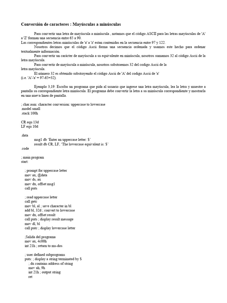 Conversión ASCII: Mayúsculas a minúsculas | PDF | Lenguaje ensamblador ...