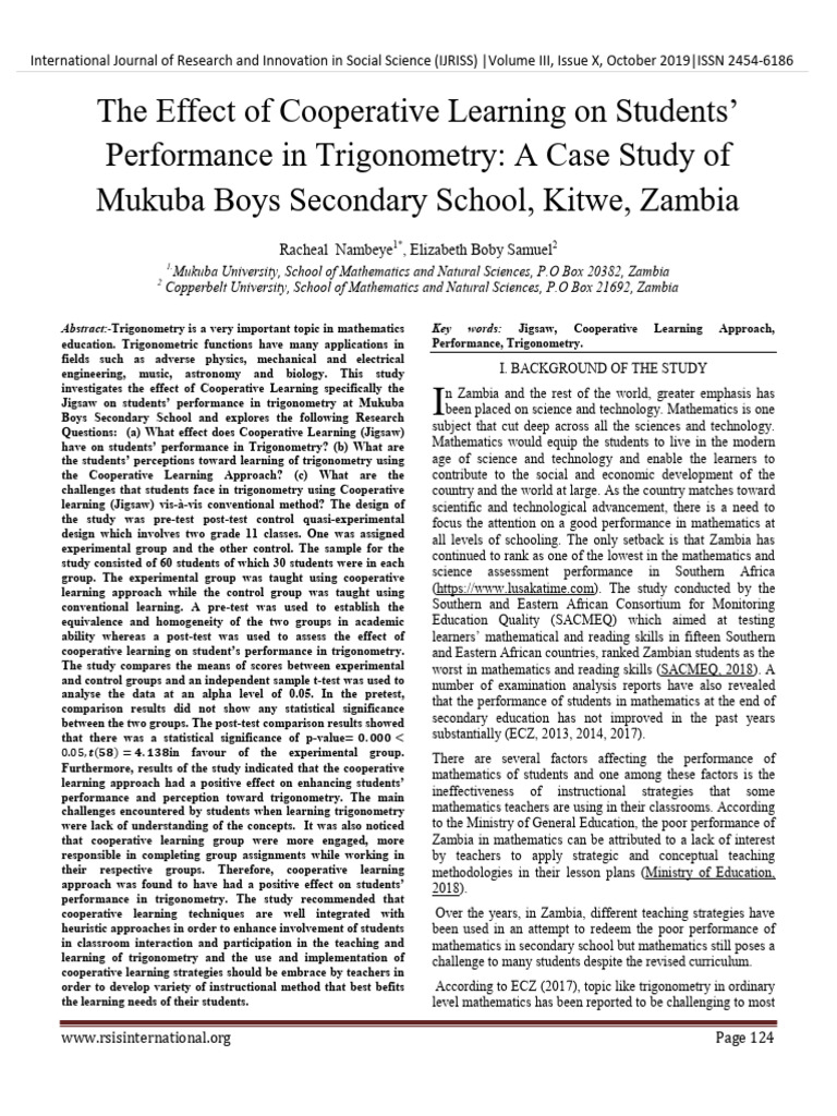 The Effect of Cooperative Learning On Students' Performance in Trigonometry: A Case Study of ...