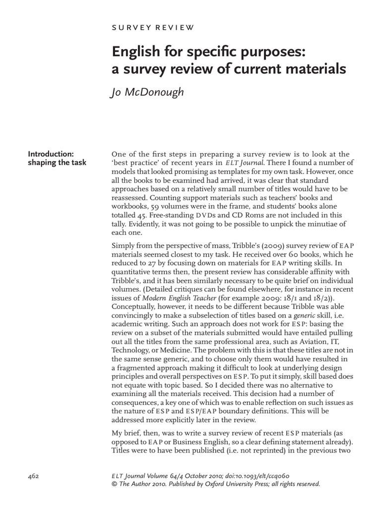 English For Specific Purposes A Survey Review of Current Materials ...
