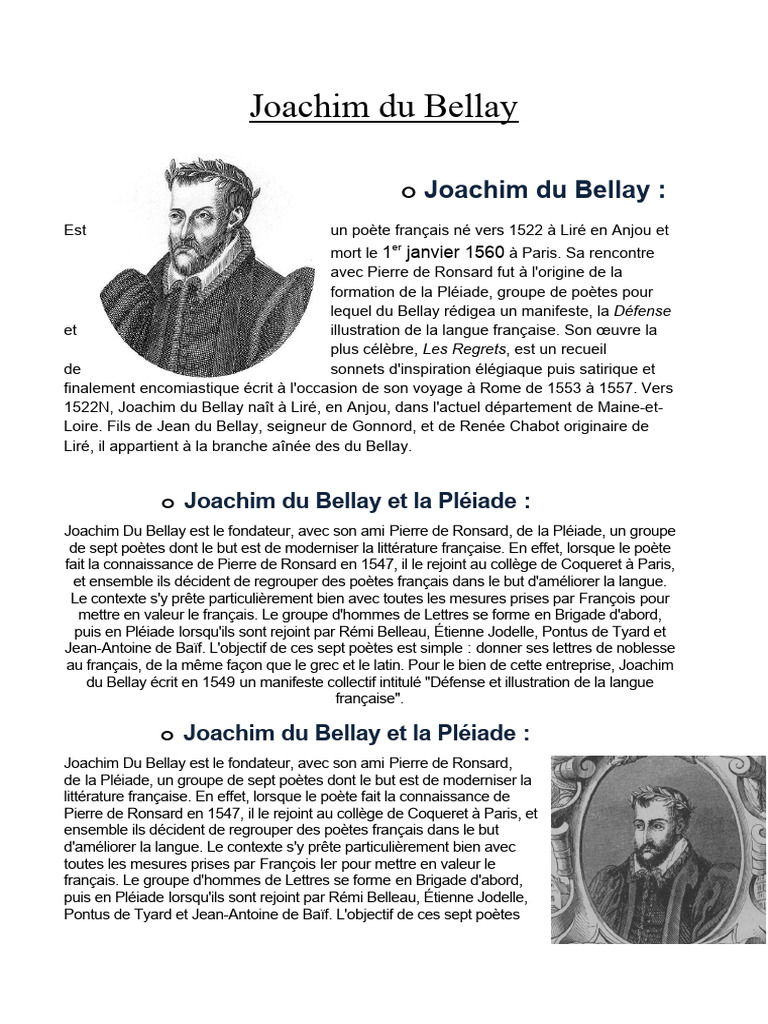 Joachim du Bellay et la Pléiade | PDF | Poésie française | Littérature ...