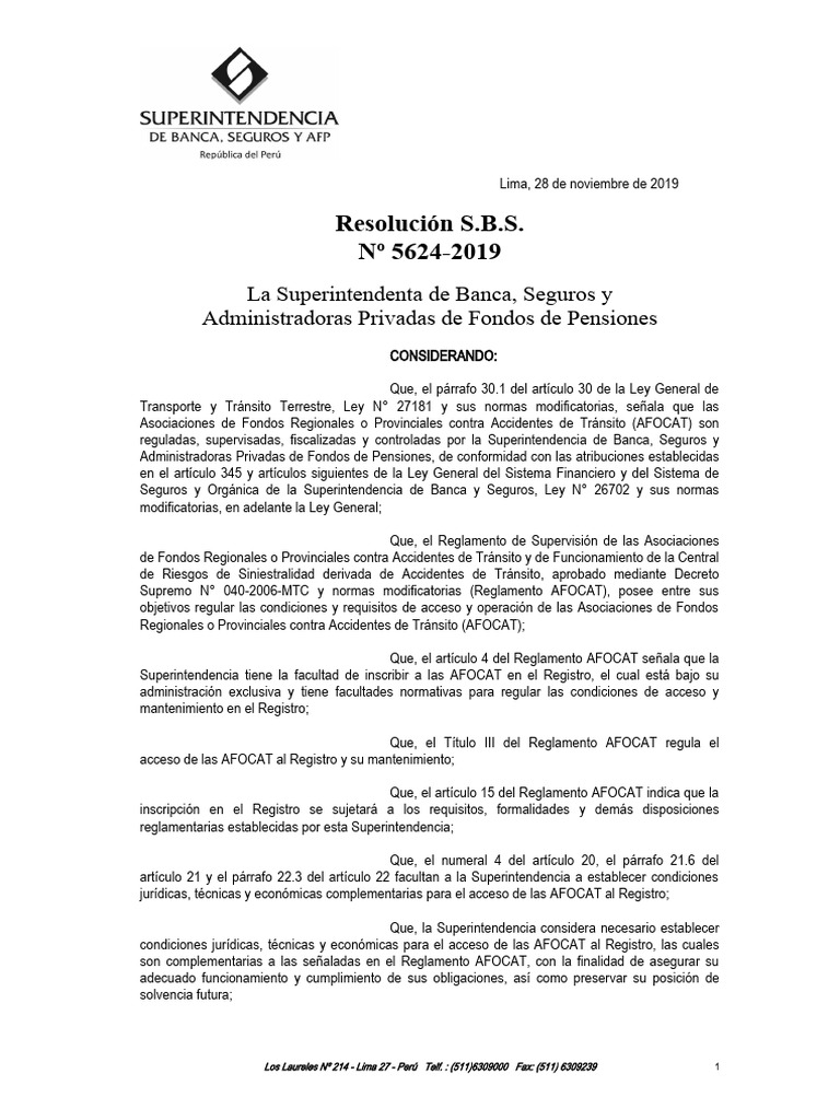 Resolución S.B.S. #5624-2019: La Superintendenta de Banca, Seguros y Administradoras Privadas de ...