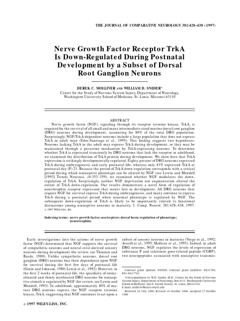 Nerve Growth Factor Receptor Trka Is Down-Regulated During Postnatal ...