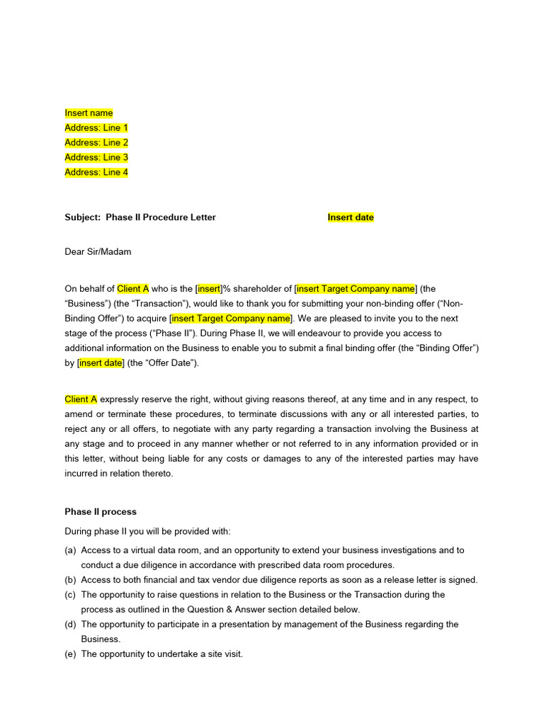 M&A Sell-Side Process Letter - Phase I and Phase II (Secondary) | PDF
