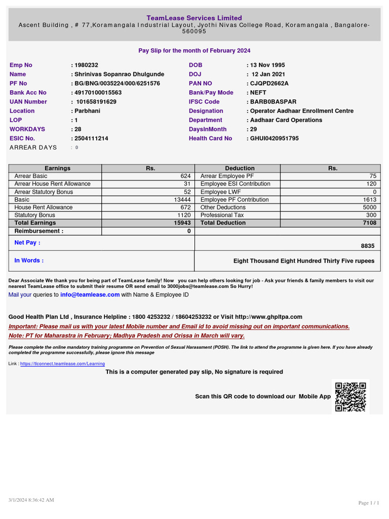 PaySlip Payslip 2024 FEB | PDF