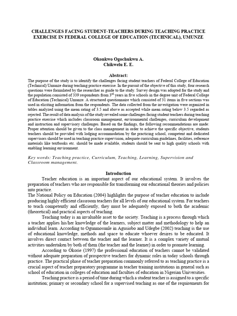 Challenges Facing Student-Teachers During Teaching Practice Exercise in ...