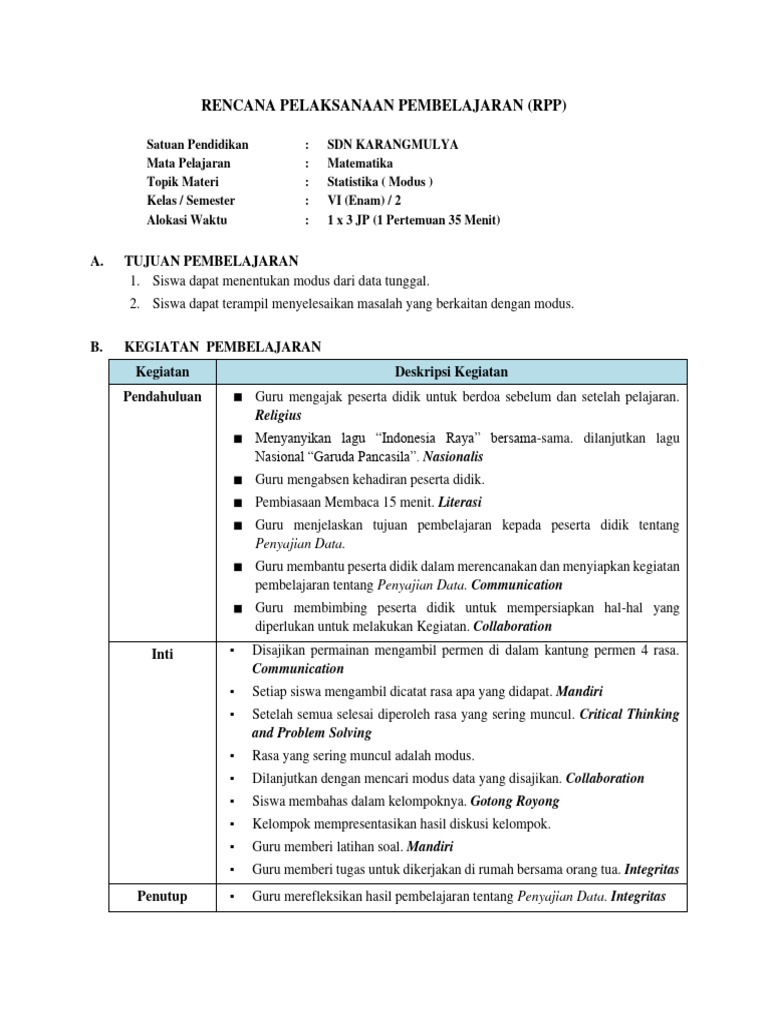 Rencana Pelaksanaan Pembelajaran (RPP) | PDF