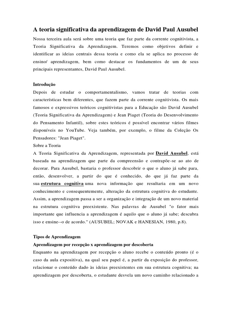 A Teoria Significativa Da Aprendizagem de David Paul Ausubel | PDF ...