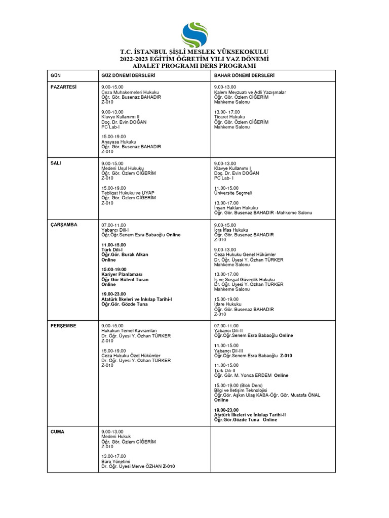 2022 2023 Yaz Okulu Ders Programi | PDF