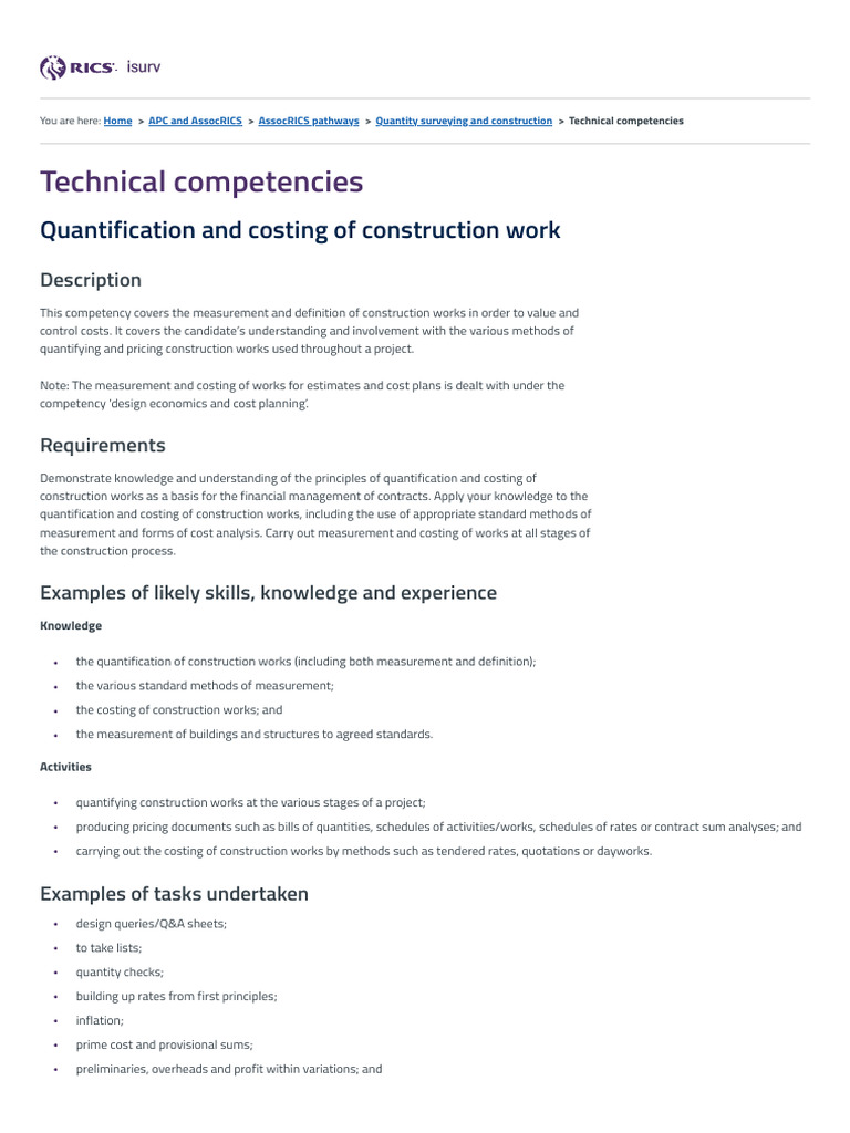 Quantification and Costing of Construction Work - Technical Competencies - Isurv | PDF