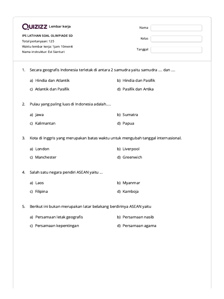 IPS LATIHAN SOAL OLIMPIADE SD - Quizizz | PDF | Perjalanan